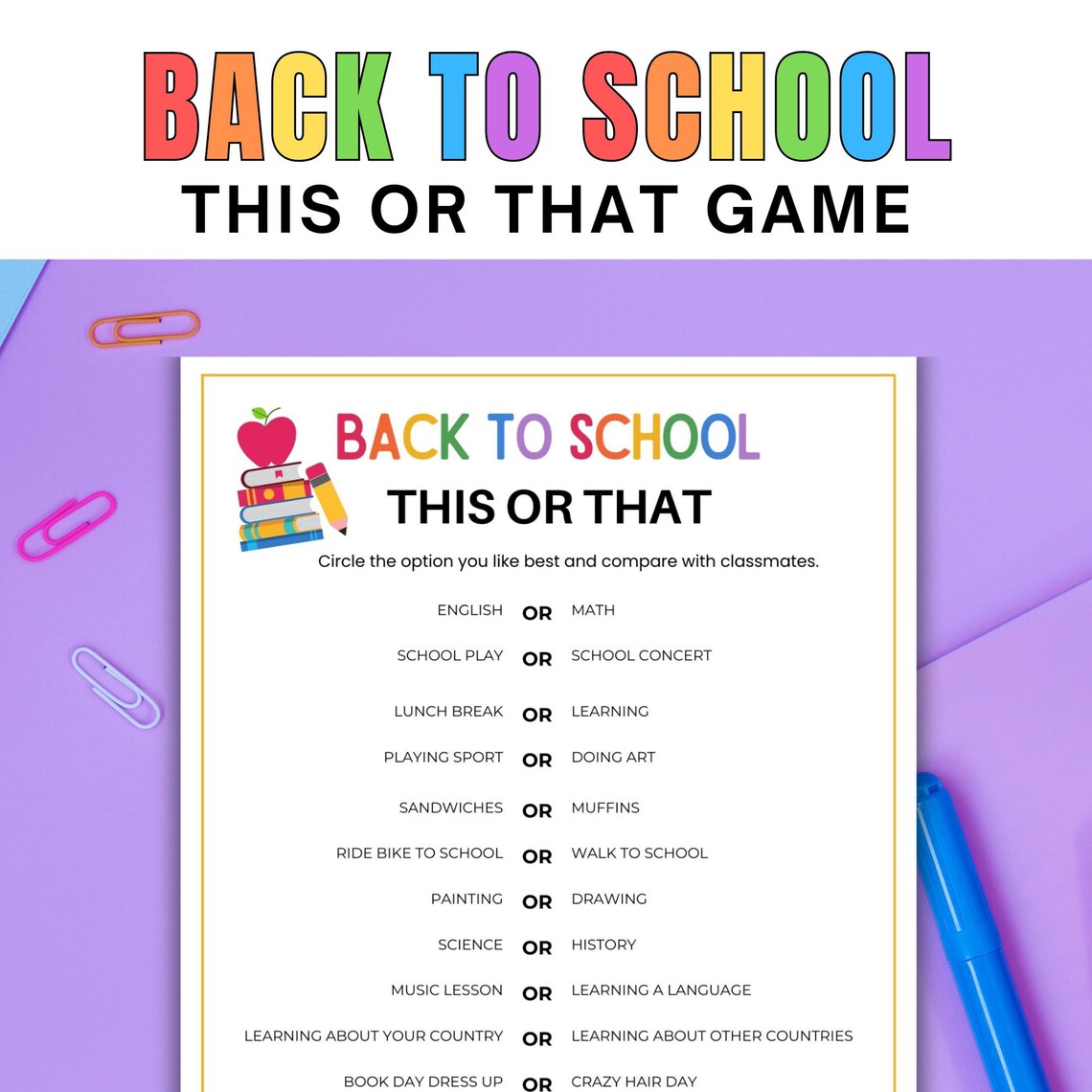 Back to School This or That Game First Day of School Activity Printable ...
