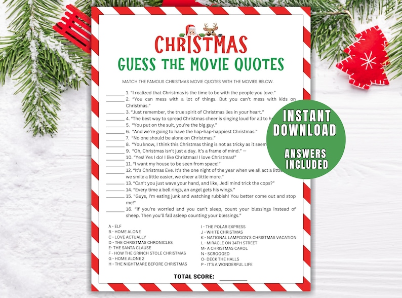 Christmas Movie Quote Trivia Printable Christmas Game Christmas Party ...