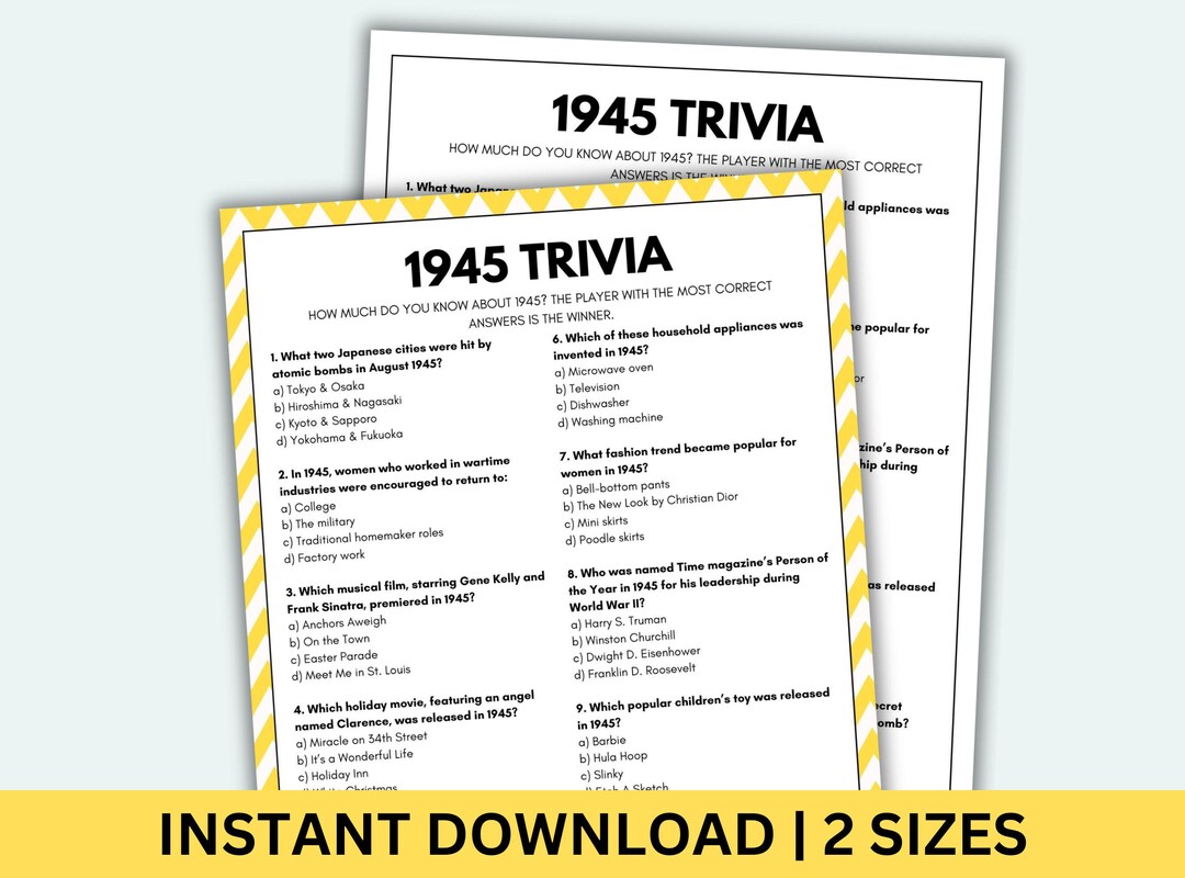 1945 Trivia Game Printable 80th Birthday Games Born in 1945 Games ...