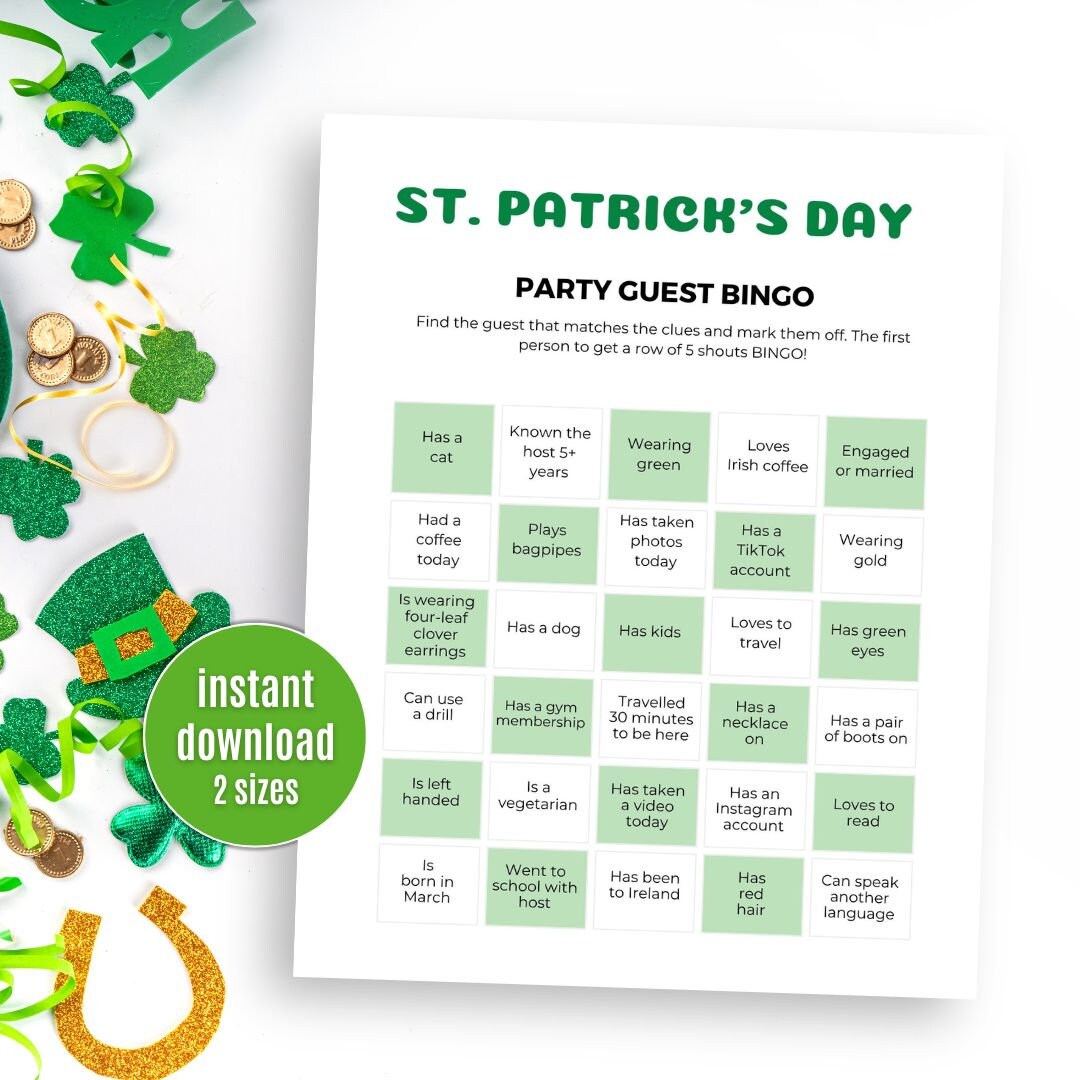 St Patrick's Day Guest Bingo Party Game Printable St Patricks Day Game ...