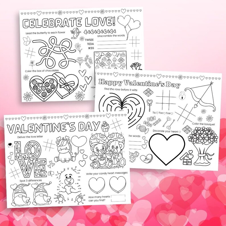 Valentine Activity Placemat Printable Valentine's Day Coloring Placemat ...