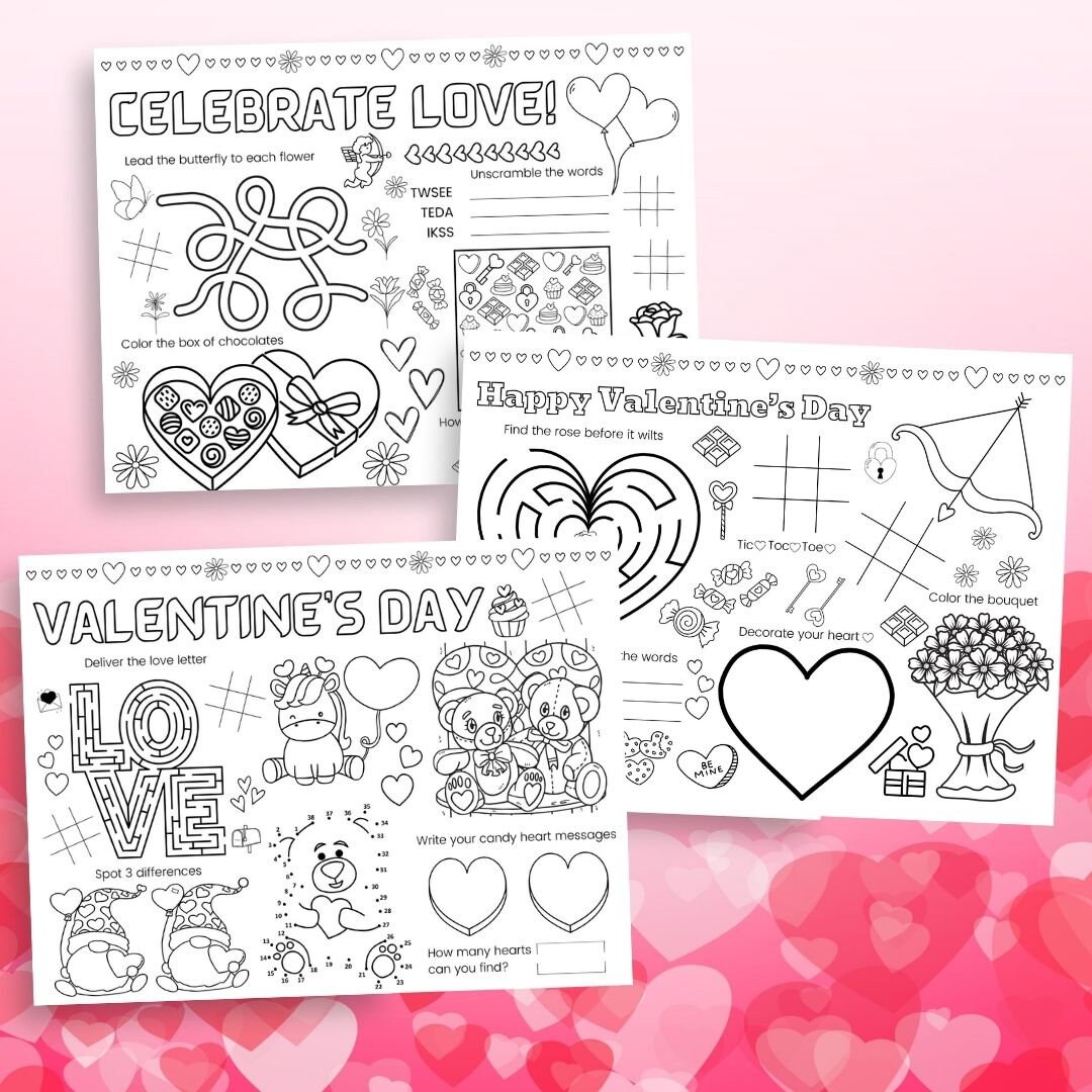 Valentine Activity Placemat Printable Valentine's Day Coloring Placemat ...
