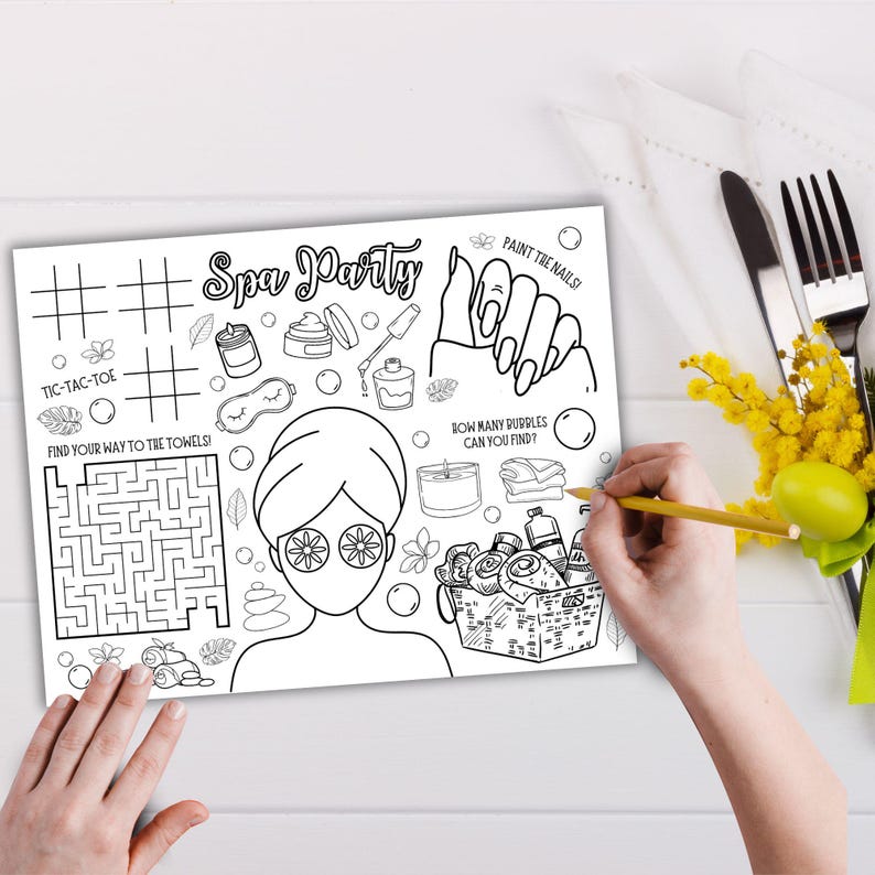 Spa Party Activity Placemat Printable Spa Party Coloring Placemat ...