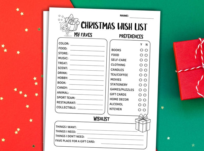 Christmas Wish List Coworker Printable Secret Santa Survey Gift ...