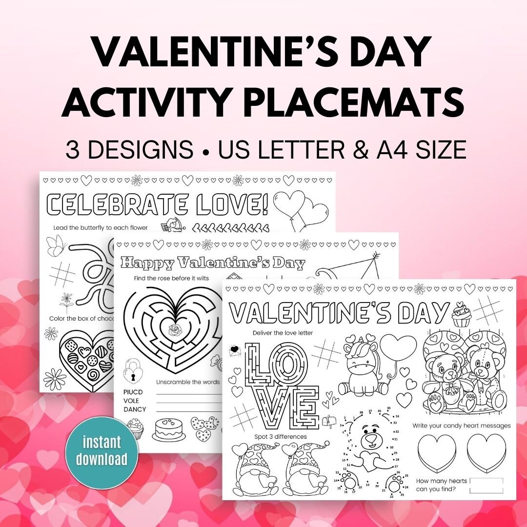 Valentine Activity Placemat Printable Valentine's Day Coloring Placemat ...
