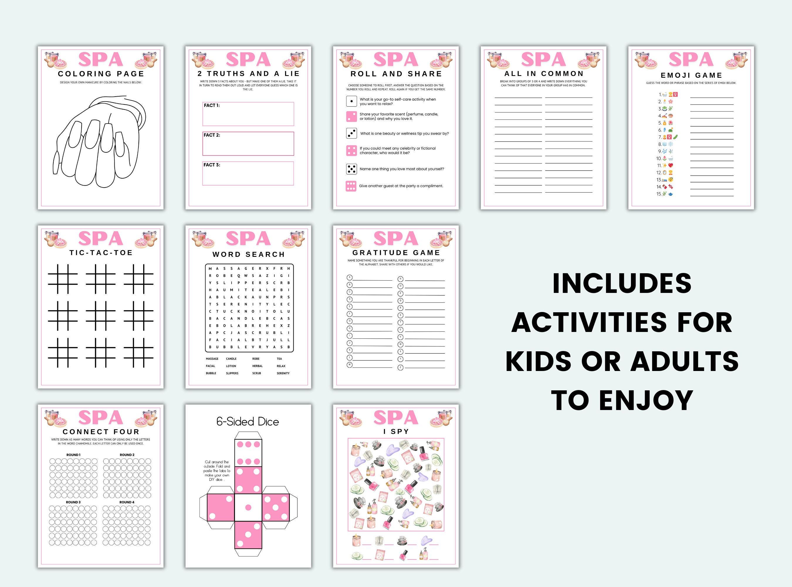 Spa Party Games Bundle Printable Spa Games Pamper Party Games Spa Game ...