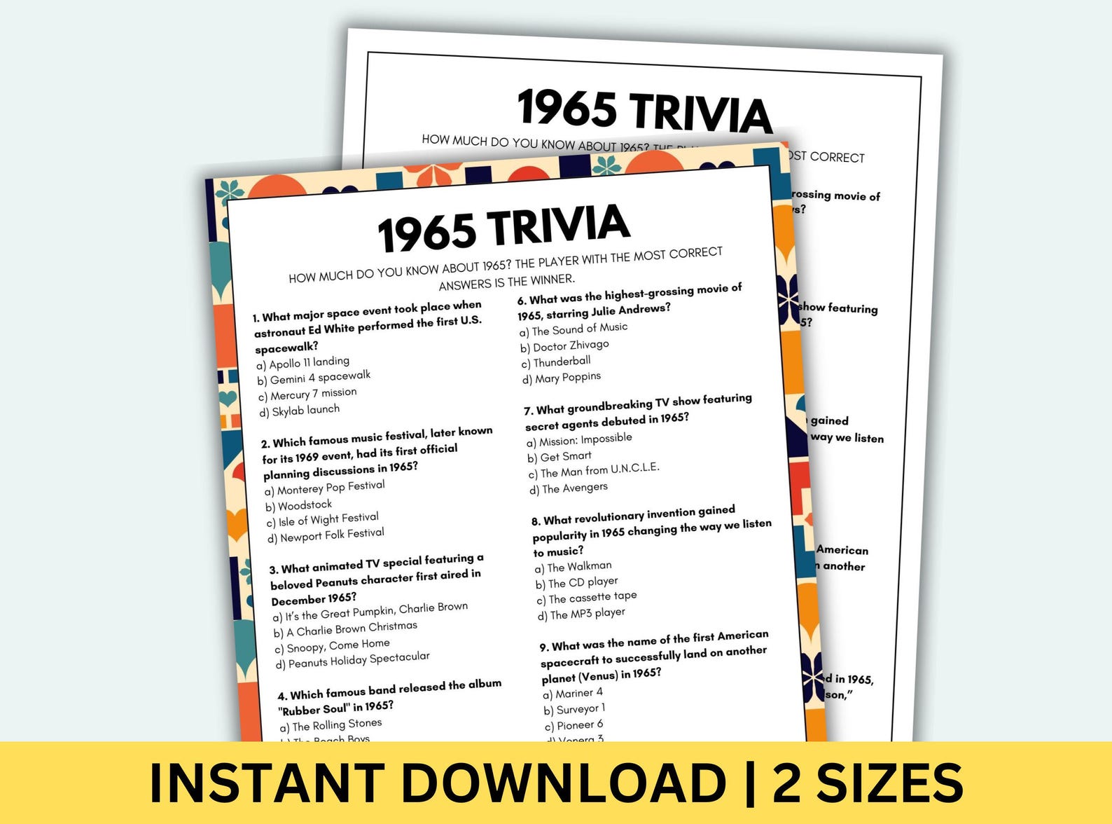 1965 Trivia Game Printable 60th Birthday Games Born in 1965 Game ...