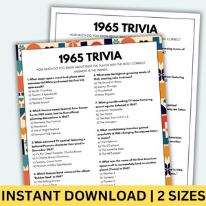 1965 Trivia Game Printable 60th Birthday Games Born in 1965 Game ...