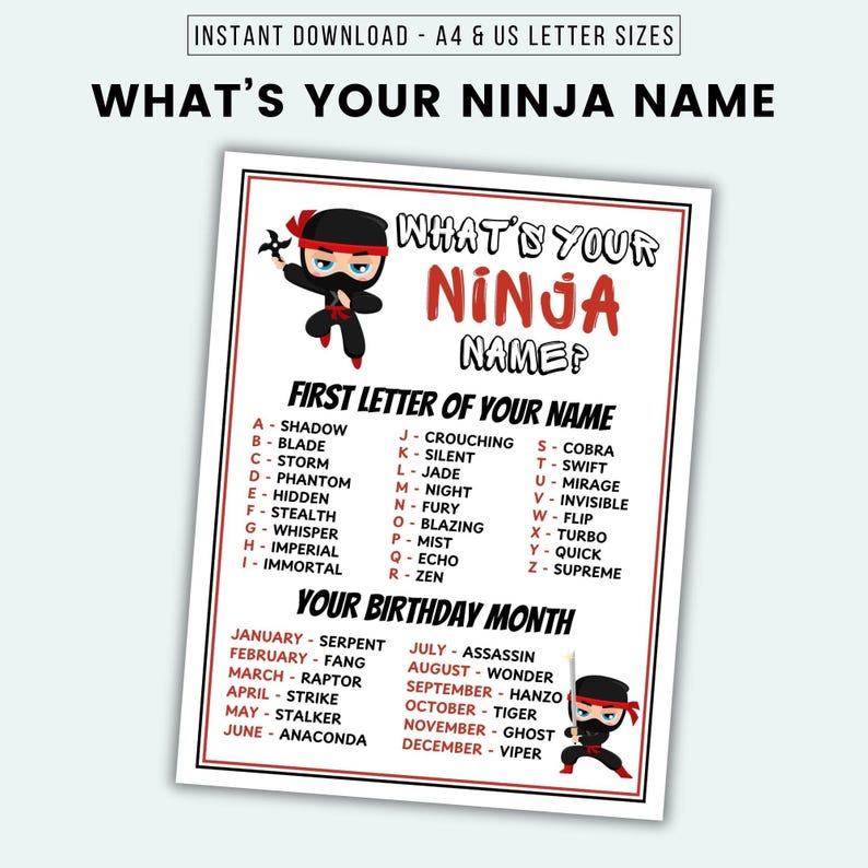 What's Your Ninja Name Party Game Printable Ninja Party Game Ninja Name ...