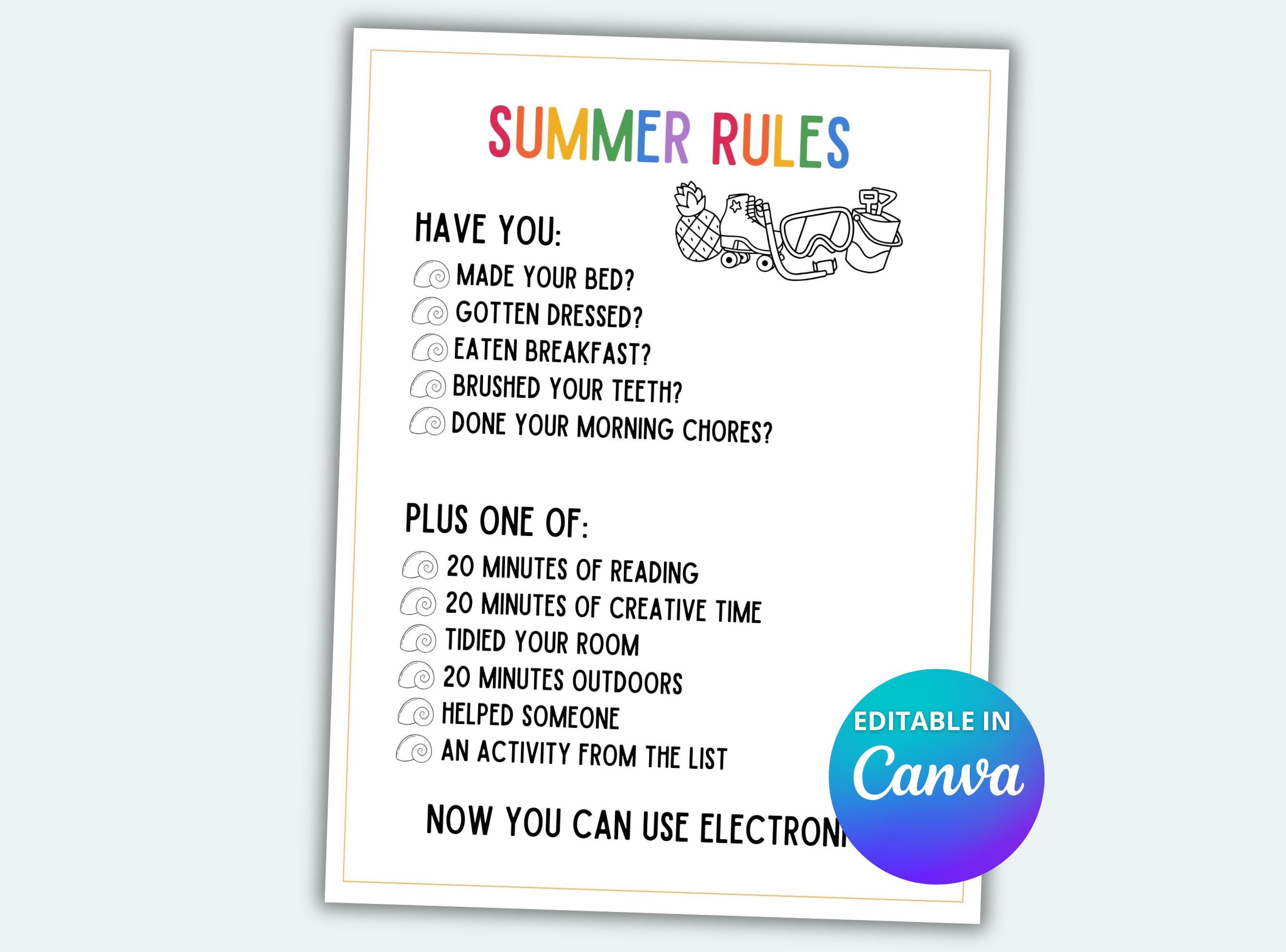 Summer Rules Screentime Rules Printable Summer Schedule Daily Summer ...