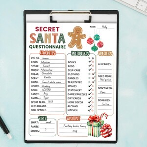 Secret Santa Questionnaire Printable Secret Santa Survey Secret Santa ...