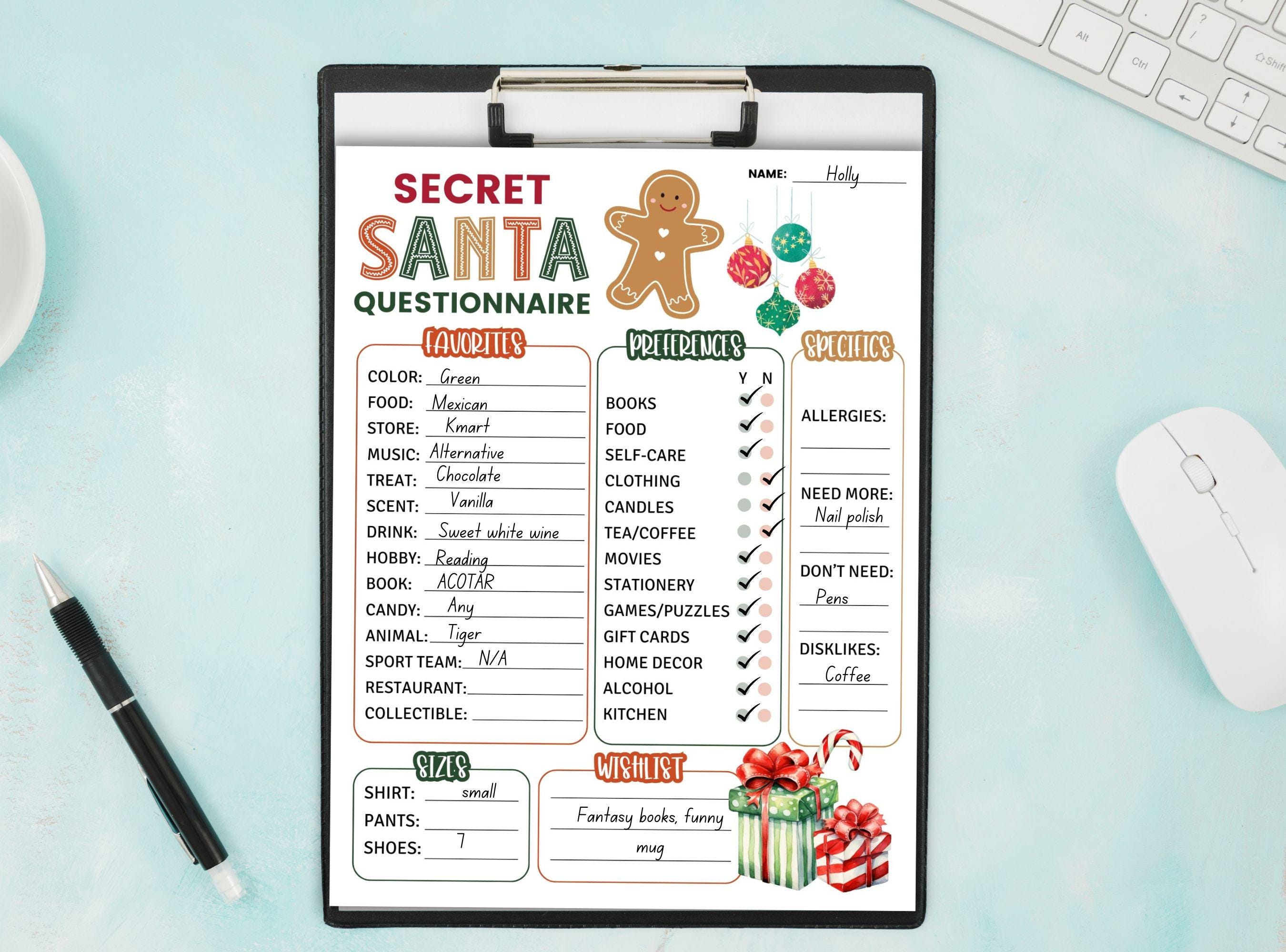Secret Santa Questionnaire Printable Secret Santa Survey Secret Santa ...