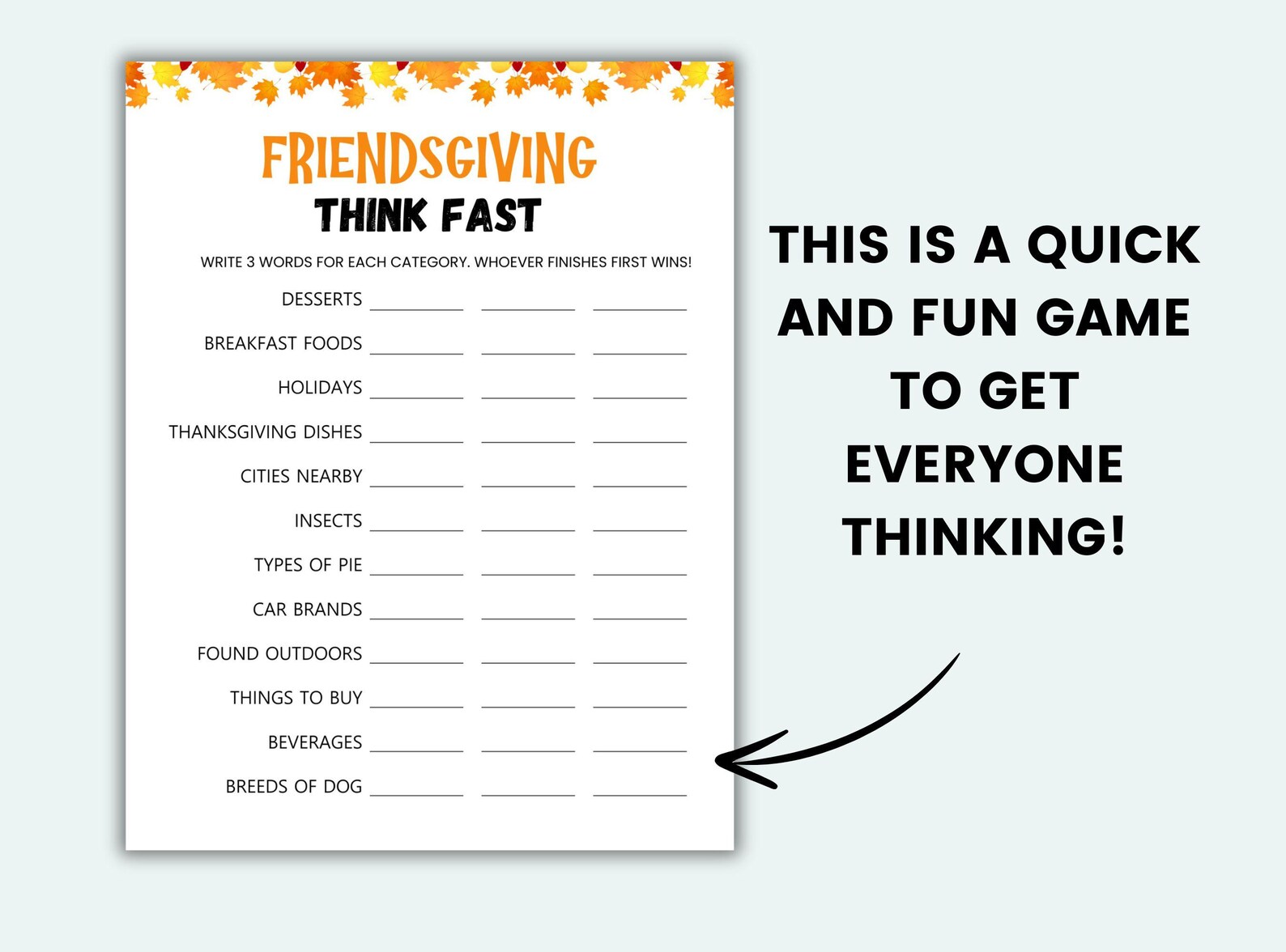 Friendsgiving Think Fast Game Printable Thanksgiving Game Thanksgiving ...
