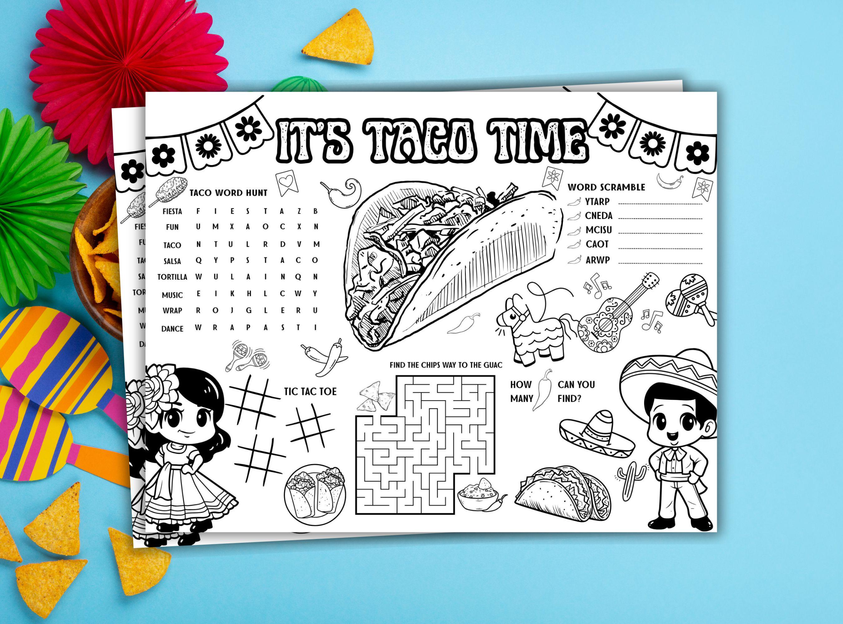 Taco Party Activity Placemat Printable Fiesta Coloring Placemat Fiesta ...