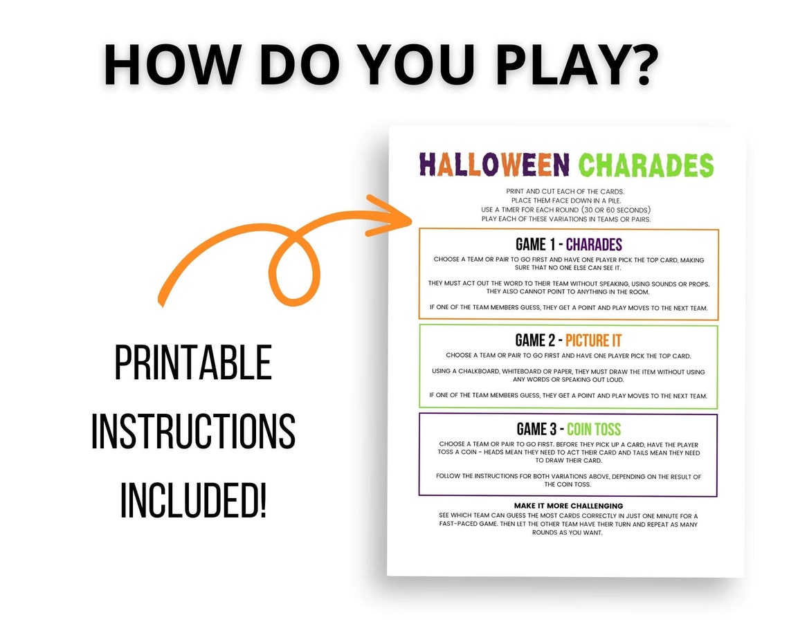 Halloween Charades Cards, Printable Halloween Games, Halloween ...