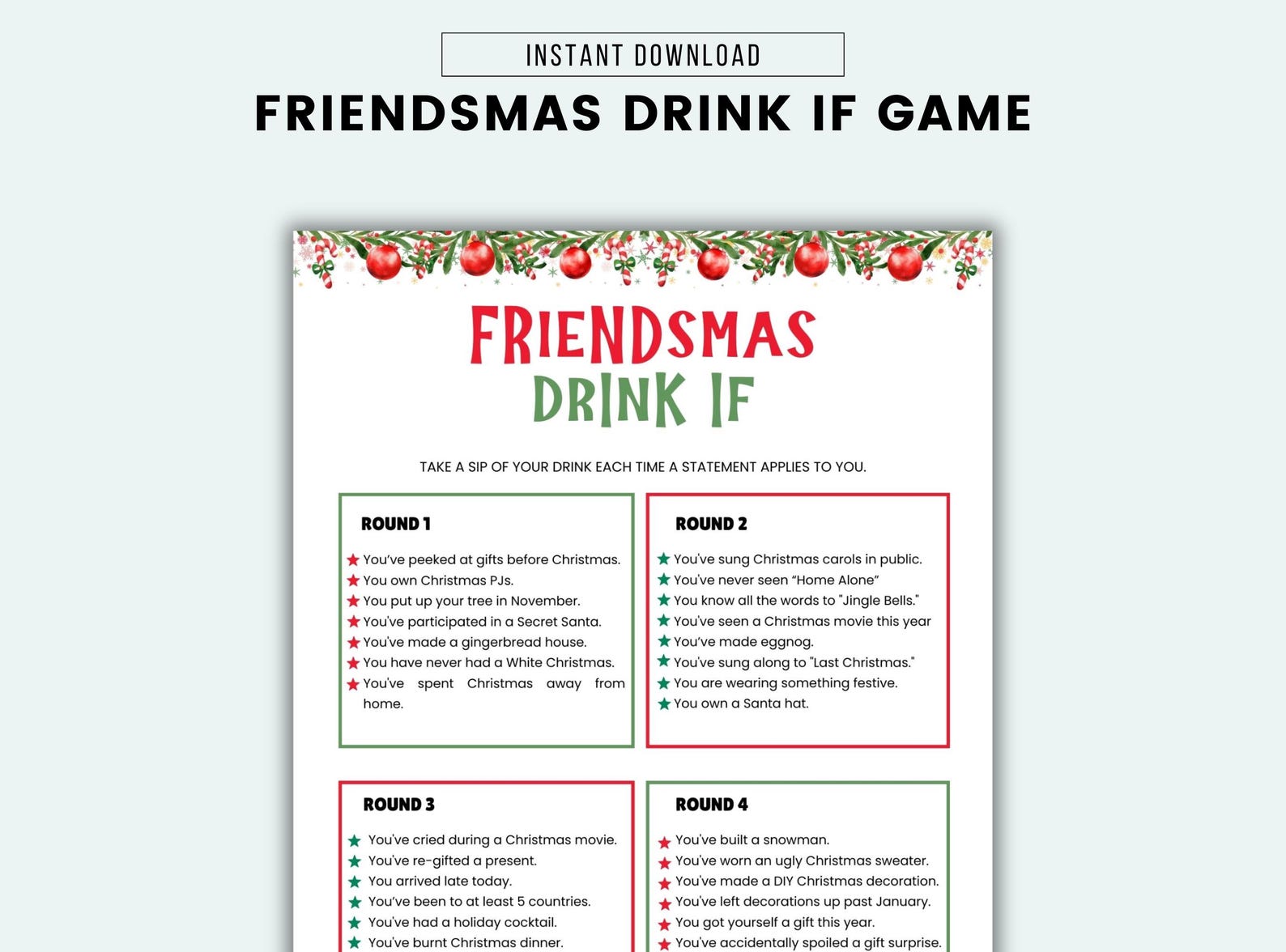 Friendsmas Drink If Game Printable Christmas Game Christmas Drinking ...