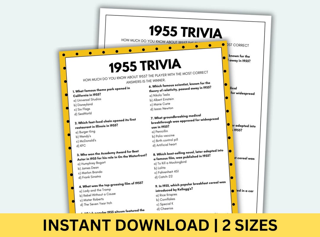 1955 Trivia Game Printable 70th Birthday Games Born in 1955 Game ...