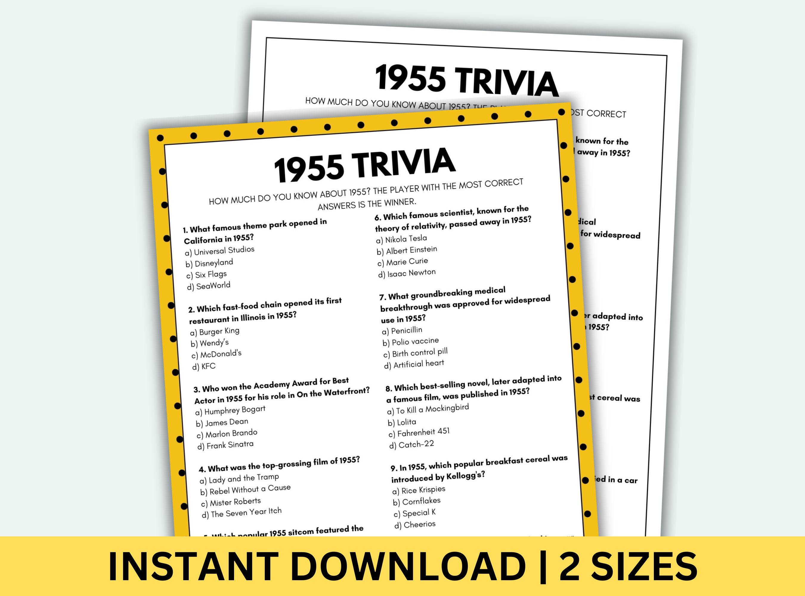 1955 Trivia Game Printable 70th Birthday Games Born in 1955 Game ...