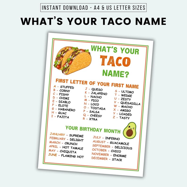 What's Your Taco Name Party Game Printable Taco Party Game Taco Name ...
