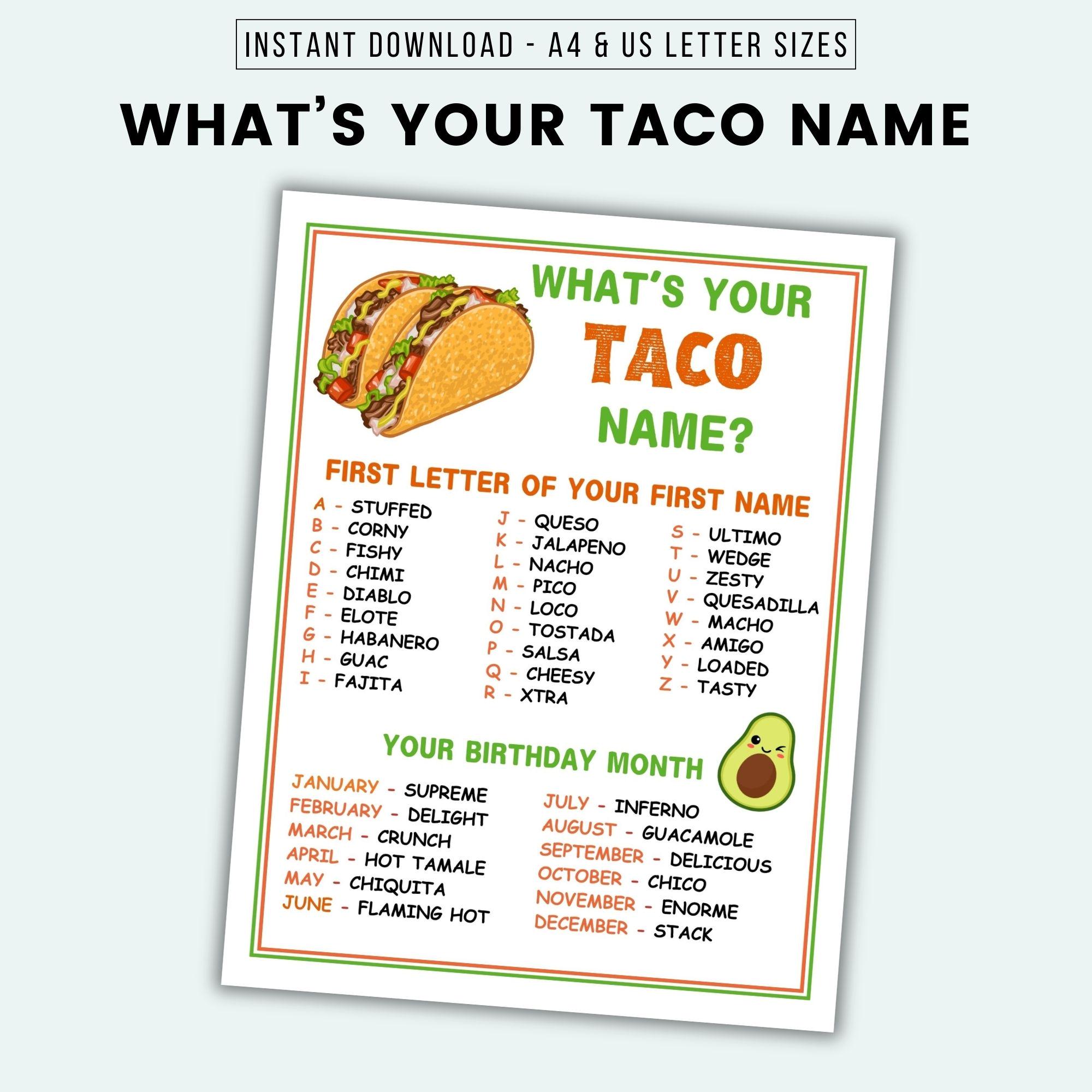 What's Your Taco Name Party Game Printable Taco Party Game Taco Name ...