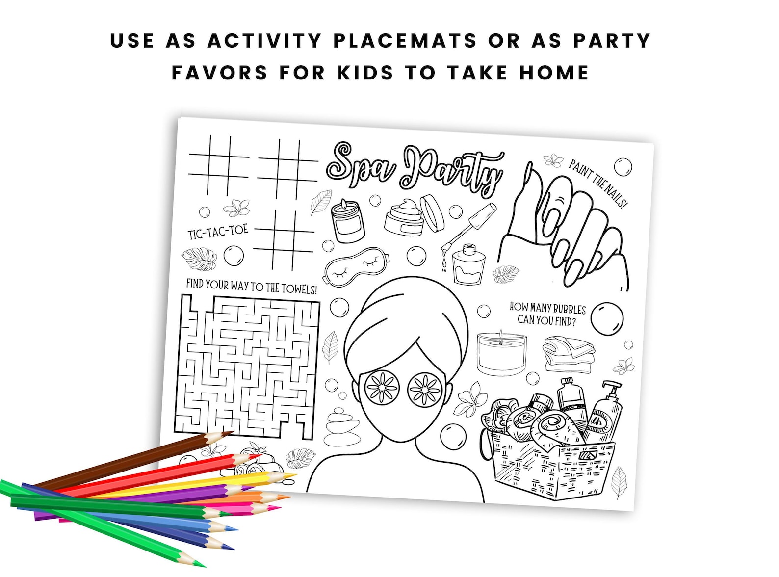 Spa Party Activity Placemat Printable Spa Party Coloring Placemat ...