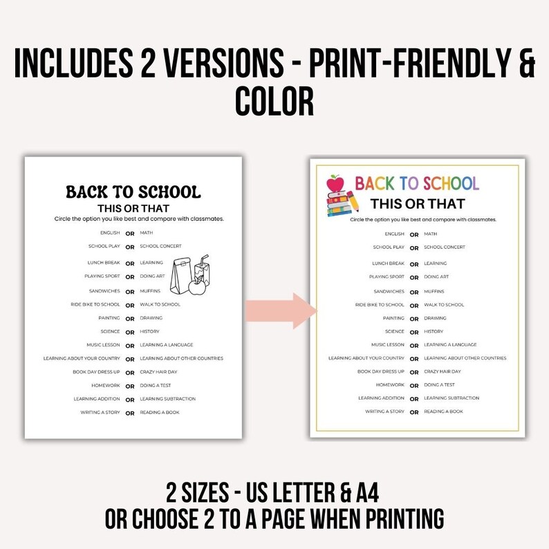 Back to School This or That Game First Day of School Activity Printable ...