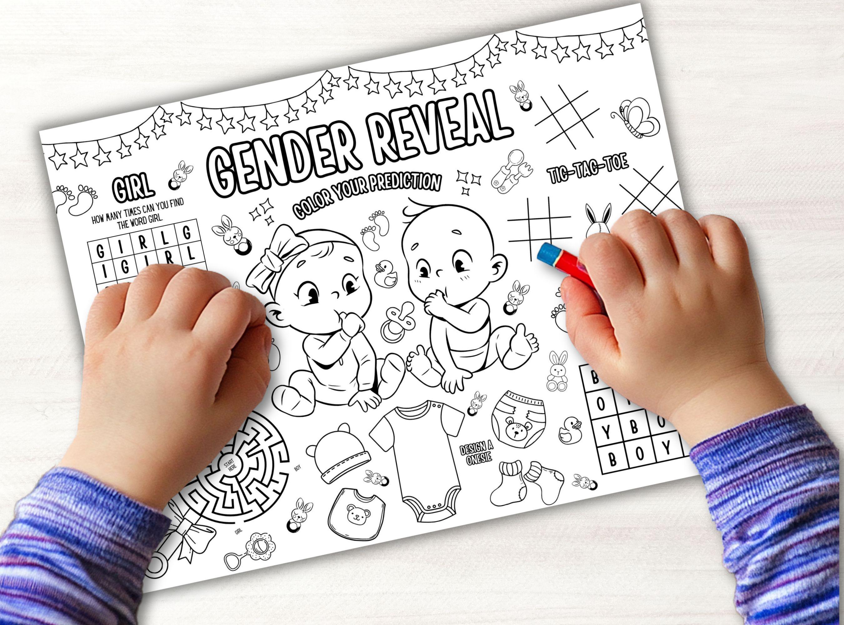 Gender Reveal Activity Placemat Printable Gender Reveal Coloring for ...