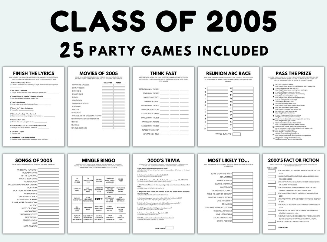 20th Reunion Games Printable Class of 2005 Games Graduated in 2005 ...