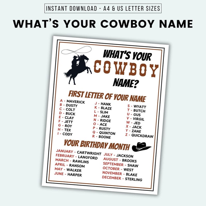 What's Your Cowboy Name Party Game Printable Cowboy Party Game Cowboy ...