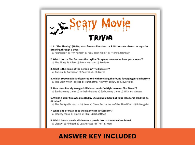 Halloween Movie Trivia Game Printable Halloween Trivia Night Halloween ...