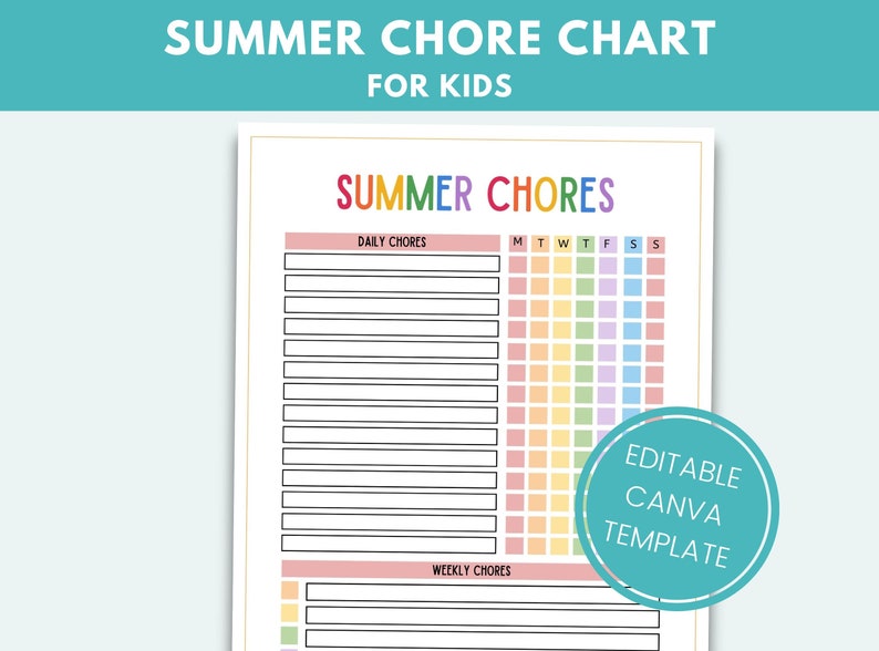 Summer Chore Chart for Kids Daily Summer Schedule Summer Routine Summer ...