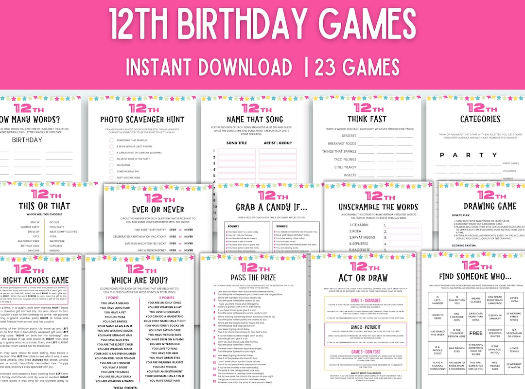 12th Birthday Party Games Bundle Sleepover Party Activities Tween Party ...