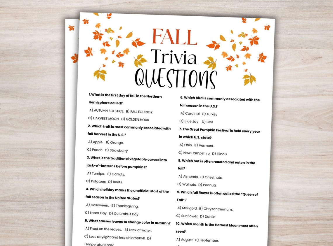 Fall Trivia Game Printable Autumn Game Thanksgiving Game Autumn Trivia ...