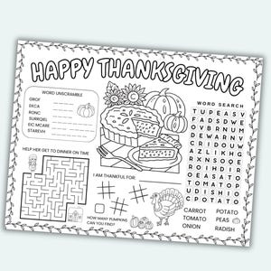 Thanksgiving Activity Placemat Printable Thanksgiving Coloring Placemat ...