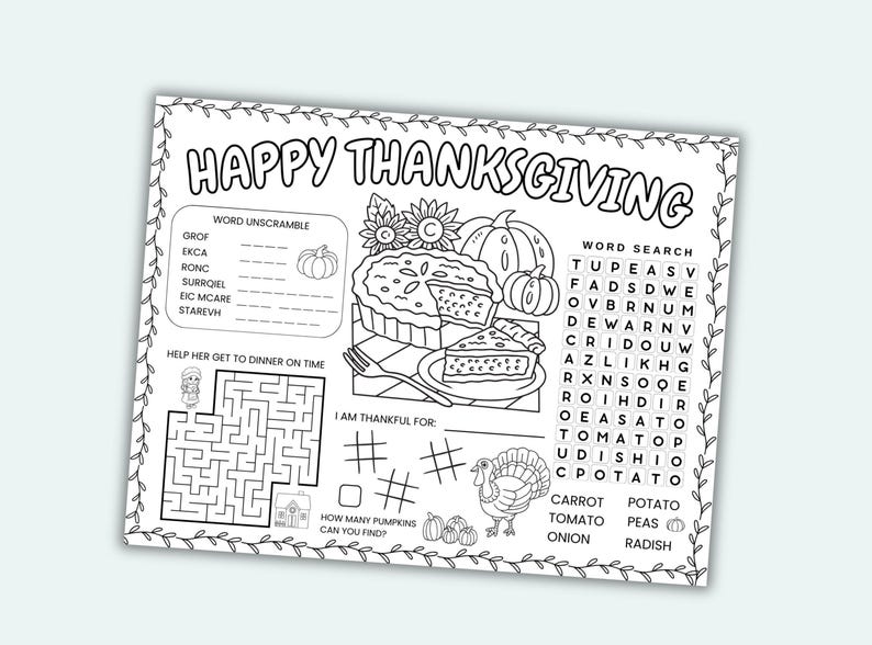 Thanksgiving Activity Placemat Printable Thanksgiving Coloring Placemat ...