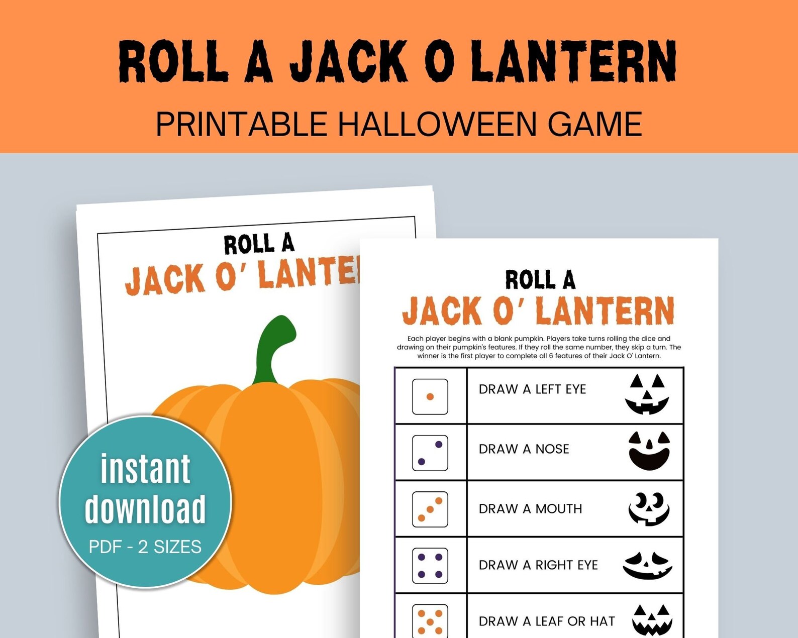 Halloween Roll A Jack O' Lantern Game, Printable Halloween Game for ...
