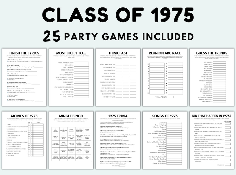 50th Reunion Games Printable Class of 1975 Games Graduated in 1975 ...