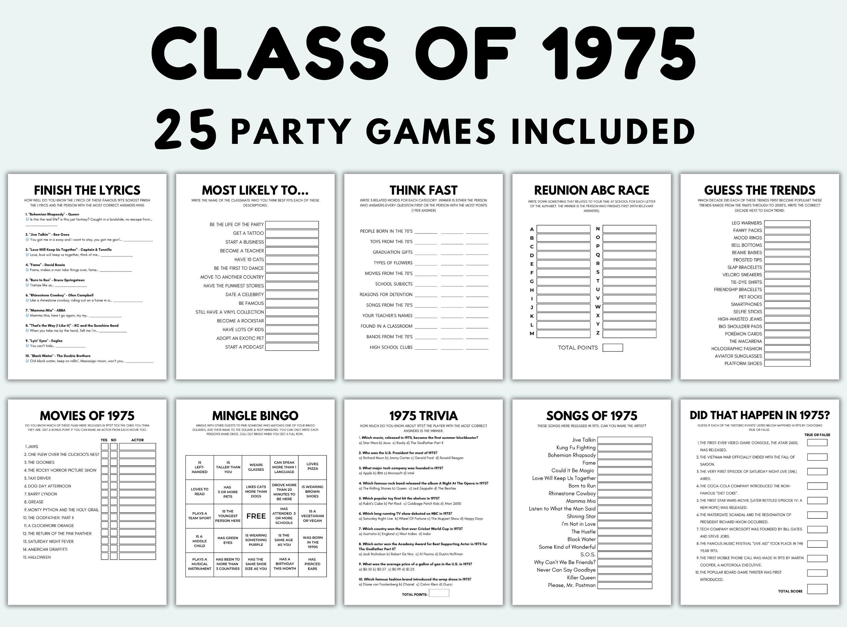50th Reunion Games Printable Class of 1975 Games Graduated in 1975 ...