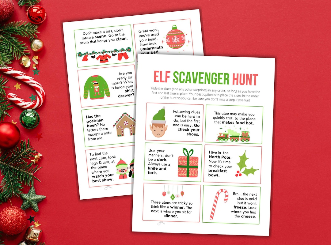 Printable Elf Scavenger Hunt Clues Elf Candy Cane Hunt Sign Christmas ...
