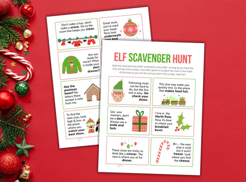 Printable Elf Scavenger Hunt Clues Elf Candy Cane Hunt Sign Christmas ...