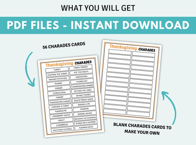 Thanksgiving Charades Game Printable Thanksgiving Game Family ...