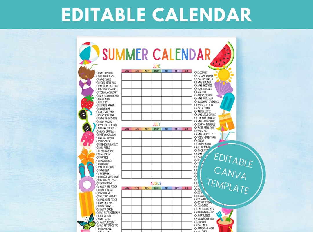 Printable Summer Calendar 2025 Summer Activities Calendar Summer ...