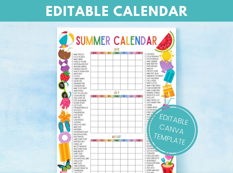 Printable Summer Calendar 2025 Summer Activities Calendar Summer ...