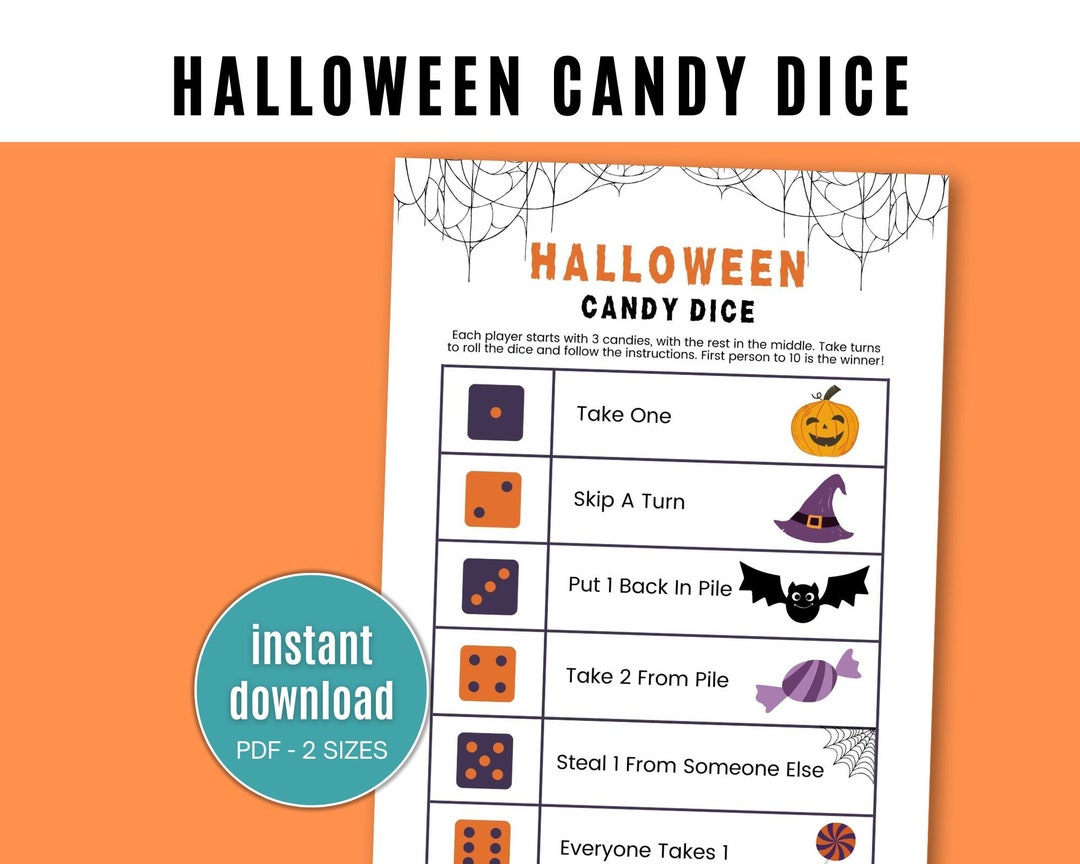 Halloween Candy Dice Game, Printable Halloween Game for Kids, Halloween ...
