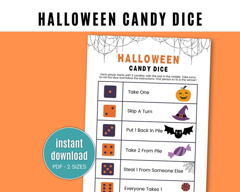 Halloween Candy Dice Game, Printable Halloween Game for Kids, Halloween ...