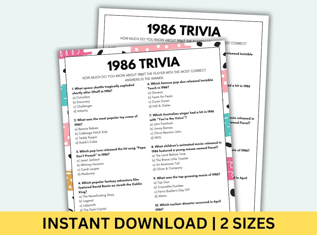 1986 Trivia Game Printable 40th Birthday Games Born in 1986 Game ...