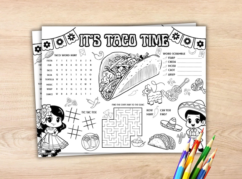 Taco Party Activity Placemat Printable Fiesta Coloring Placemat Fiesta ...