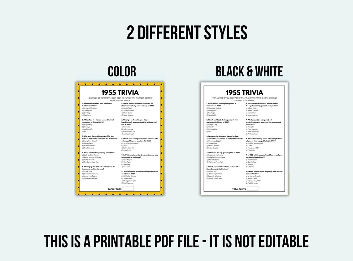 1955 Trivia Game Printable 70th Birthday Games Born in 1955 Game ...