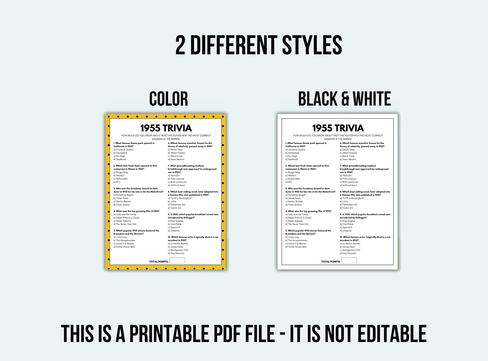 1955 Trivia Game Printable 70th Birthday Games Born in 1955 Game ...