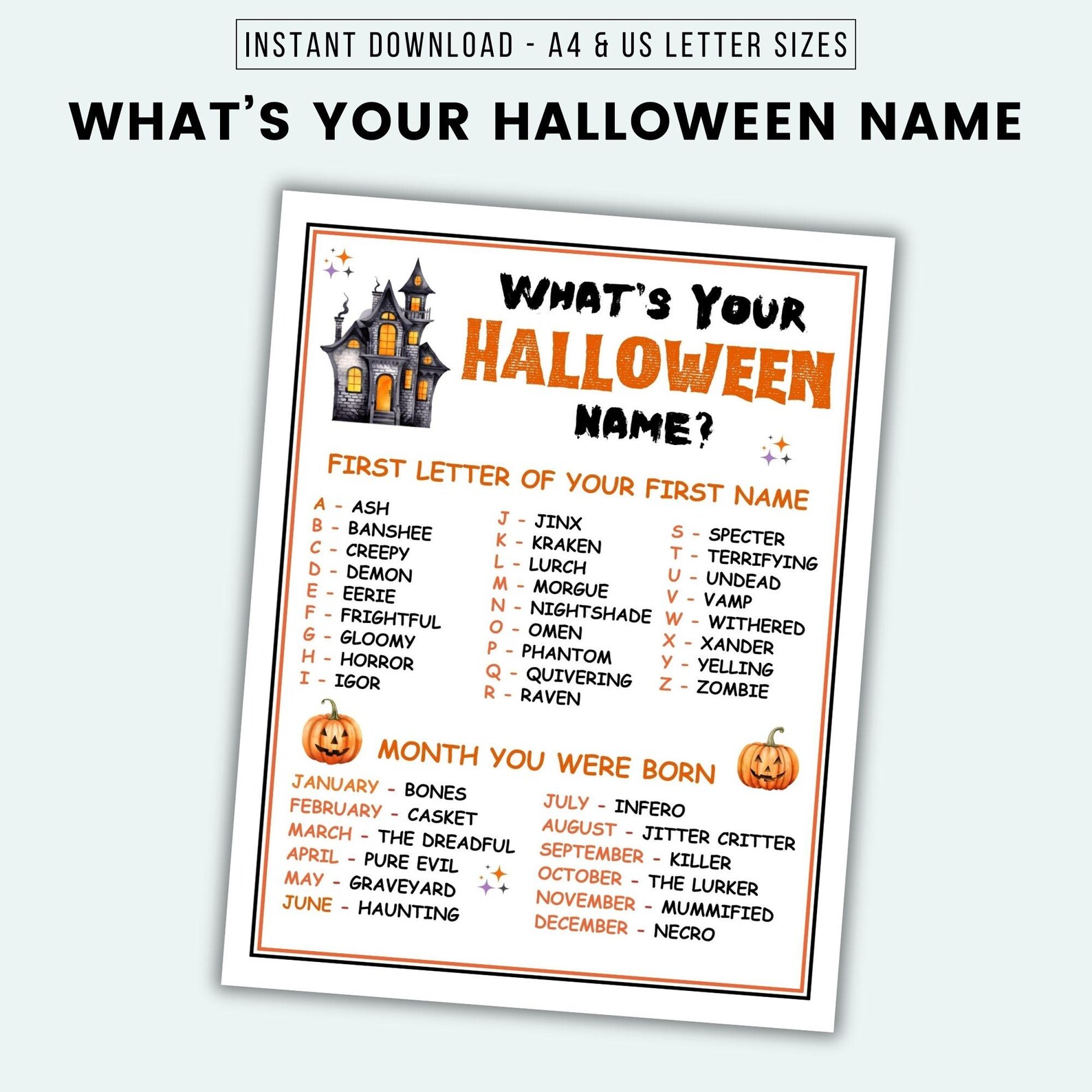 What's Your Halloween Name Party Game Printable Halloween Game ...